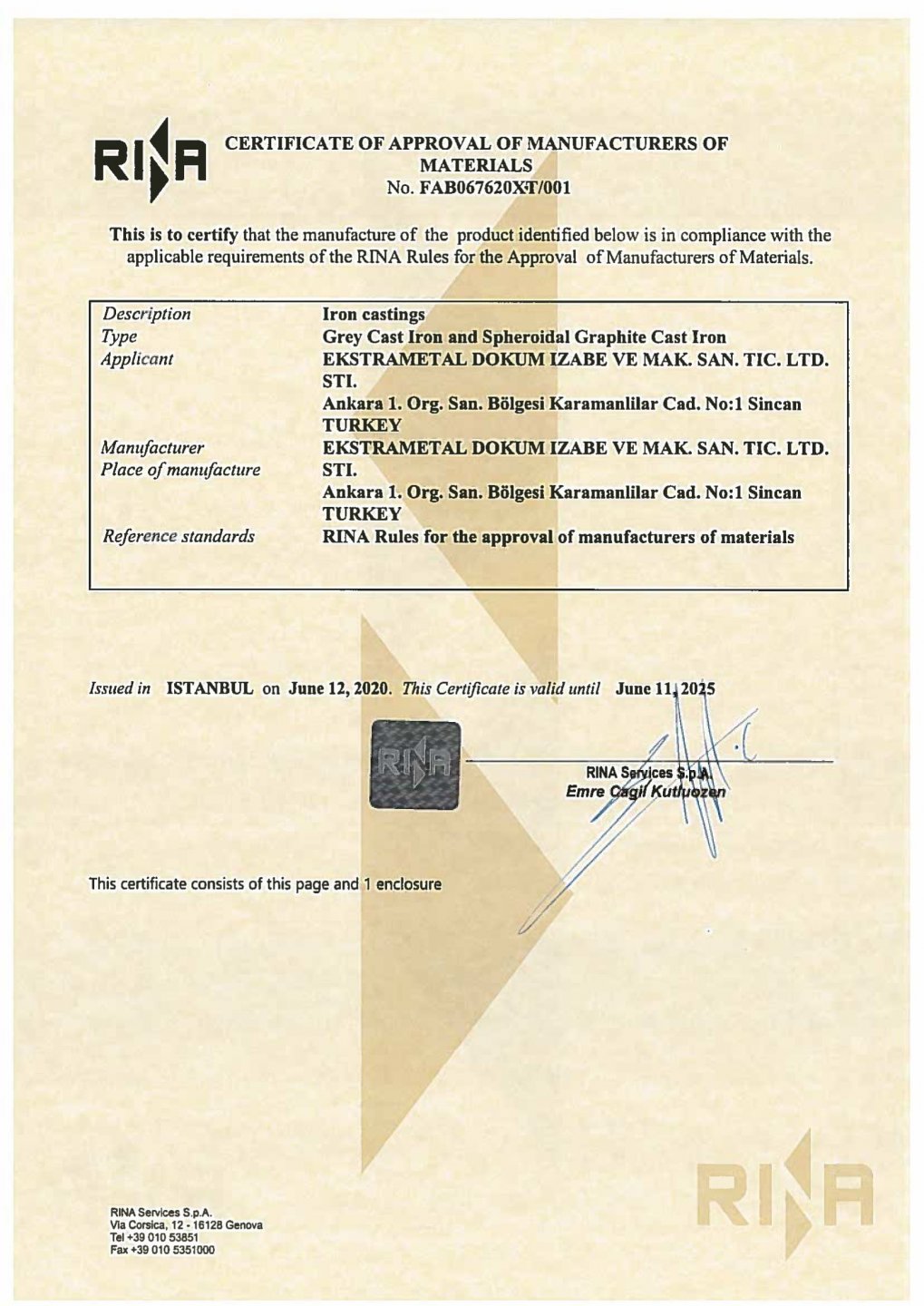 SERTİFİKALAR - KALİTE - EKSTRAMETAL
